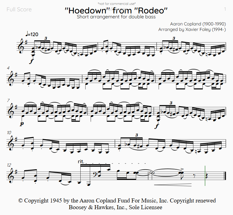 [FREE] "Hoedown" from "Rodeo" arrangement for double bass – Xavier Foley